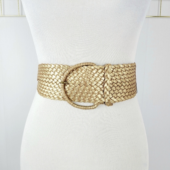 Accessories | Brushed Gold Genuine Leather Braided Woven Wide Belt ...